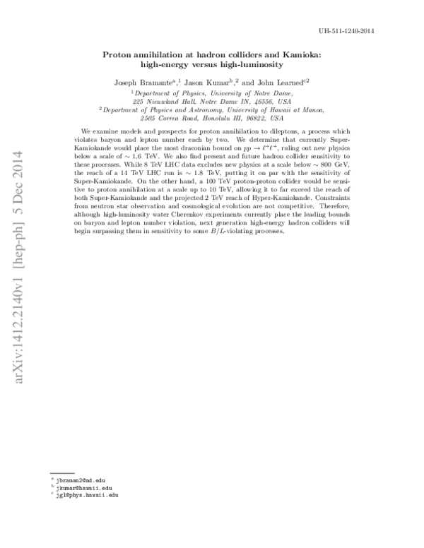 (PDF) Proton annihilation at hadron colliders and Kamioka: High energy ...