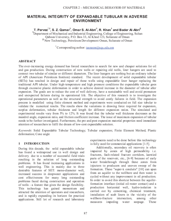 (PDF) Material Integrity of Expandable Tubular in Adverse Environment