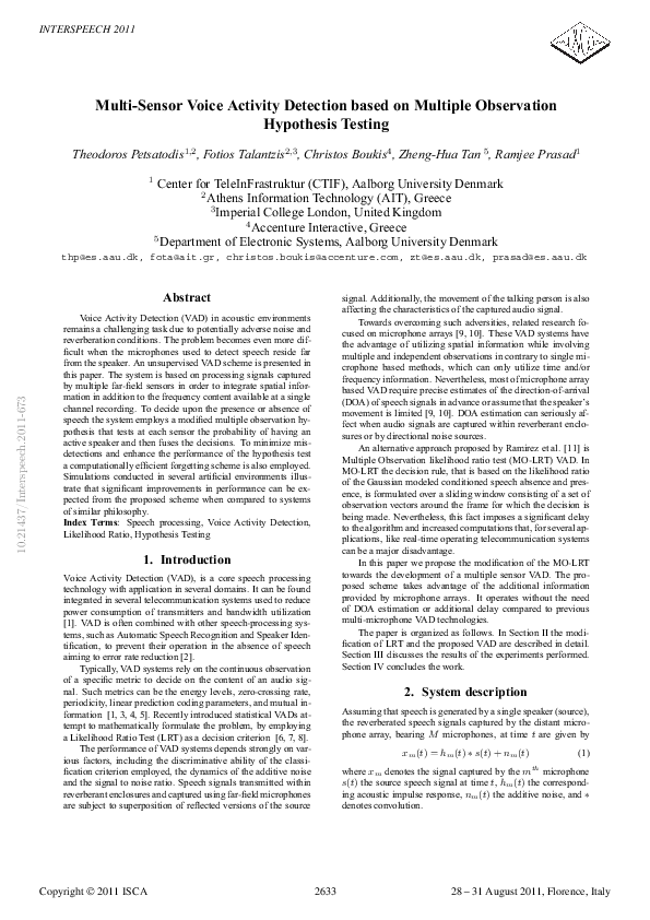 Pdf Multi Sensor Voice Activity Detection Based On Multiple Observation Hypothesis Testing