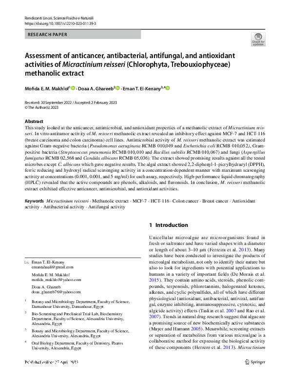 (PDF) Assessment of anticancer, antibacterial, antifungal, and antioxidant activities of ...