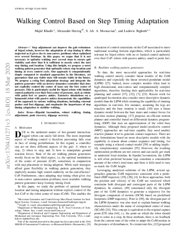 (PDF) Walking Control Based on Step Timing Adaptation
