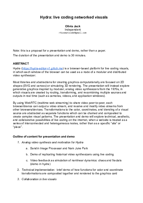 (PDF) Hydra: live coding networked visuals