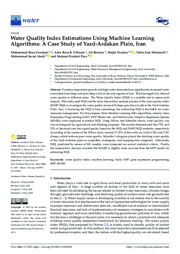(PDF) Water Quality Index Estimations Using Machine Learning Algorithms: A Case Study of Yazd ...