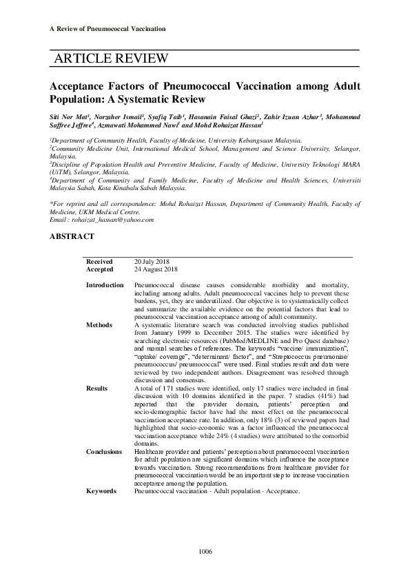 (PDF) Acceptance Factors of Pneumococcal Vaccination Among Adult ...