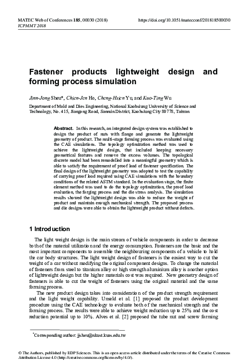 (PDF) Fastener products lightweight design and forming process simulation