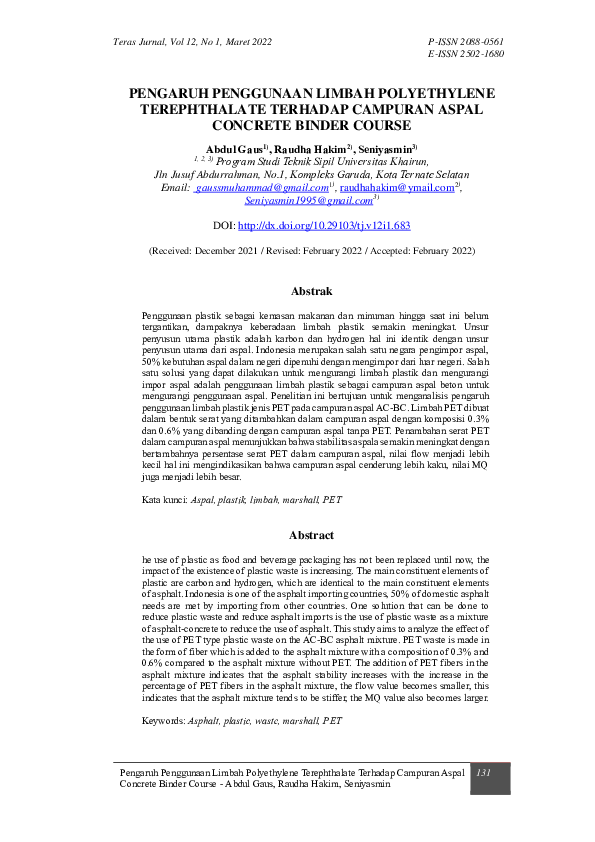(PDF) Pengaruh Penggunaan Limbah Polyethylene Terephthalate Terhadap Campuran Aspal Concrete ...