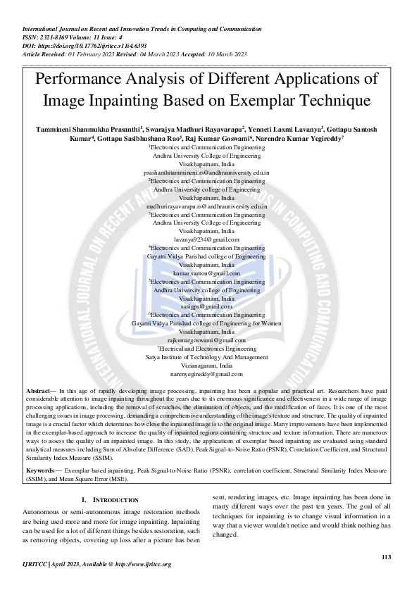 (PDF) Performance Analysis of Different Applications of Image Inpainting Based on Exemplar Technique