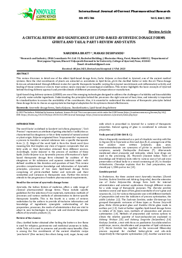 (PDF) A CRITICAL REVIEW AND SIGNIFICANCE OF LIPID-BASED AYURVEDIC ...