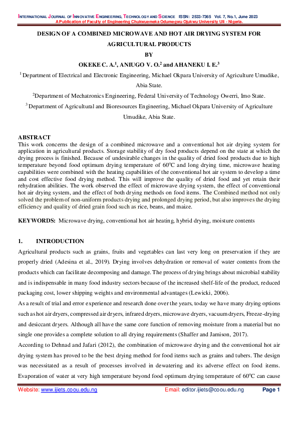 (PDF) DESIGN OF A COMBINED MICROWAVE AND HOT AIR DRYING SYSTEM FOR AGRICULTURAL PRODUCTS