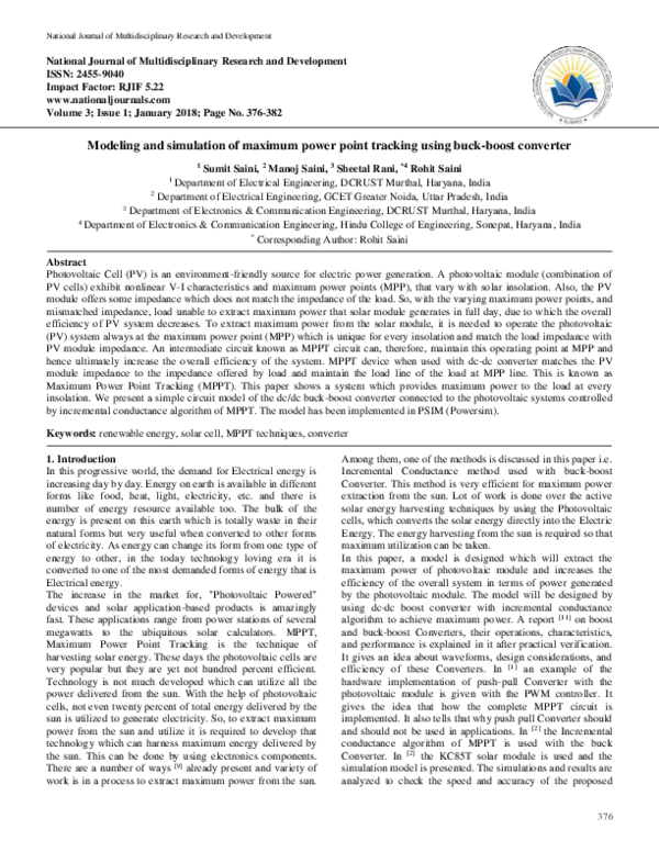 (PDF) Modeling and simulation of maximum power point tracking using buck-boost converter ...