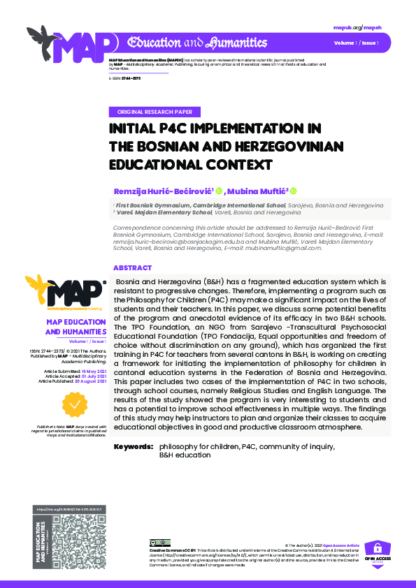 (PDF) Initial P4C Implementation in the Bosnian and Herzegovinian Educational Context