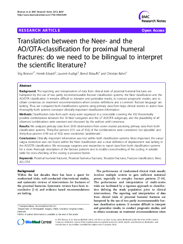 (PDF) Translation between the Neer- and the AO/OTA-classification for proximal humeral fractures ...