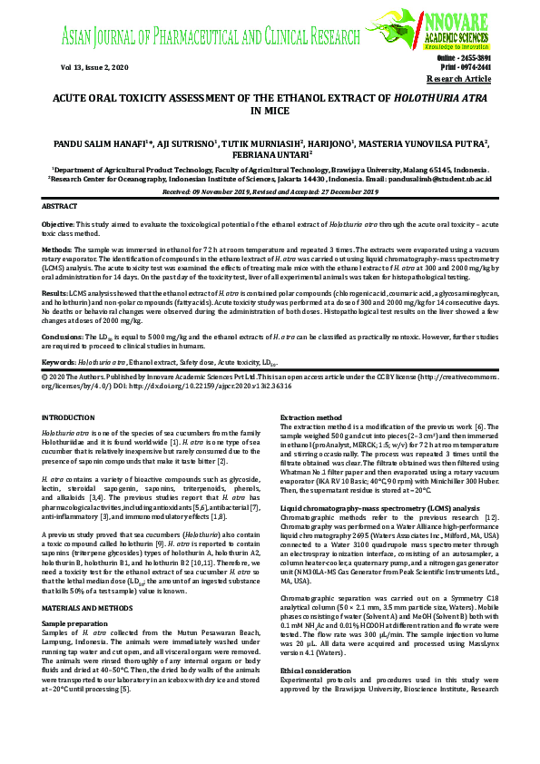 (PDF) ACUTE ORAL TOXICITY ASSESSMENT OF THE ETHANOL EXTRACT OF ...