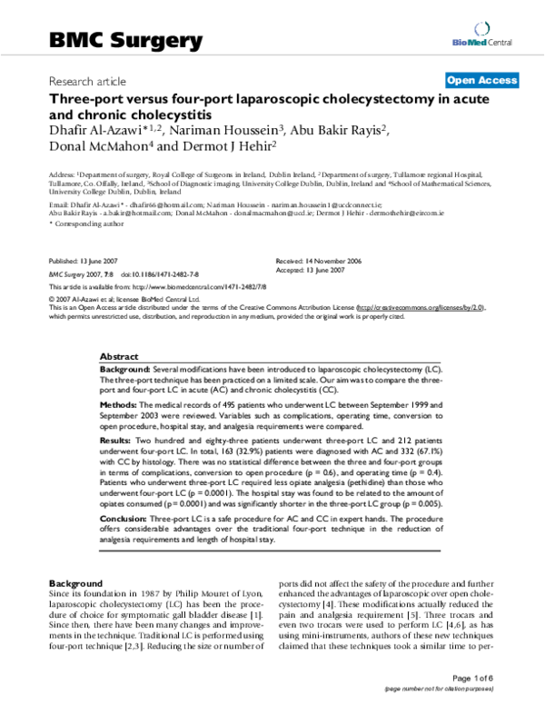 (PDF) Three-port versus four-port laparoscopic cholecystectomy in acute and chronic ...