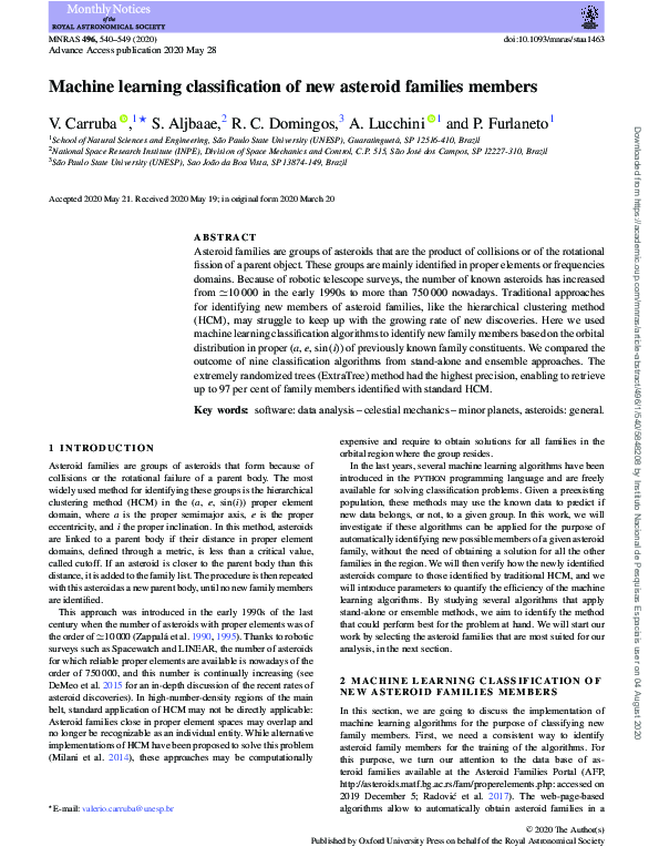 (PDF) Machine learning classification of new asteroid families members | Safwan Aljbaae ...