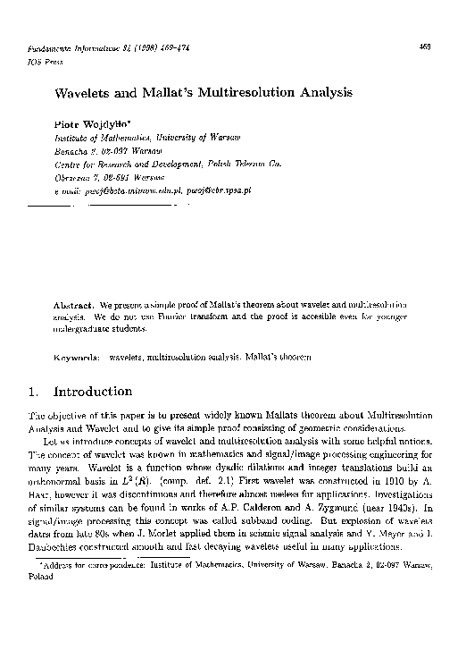 (PDF) Wavelets and Mallat's Multiresolution Analysis