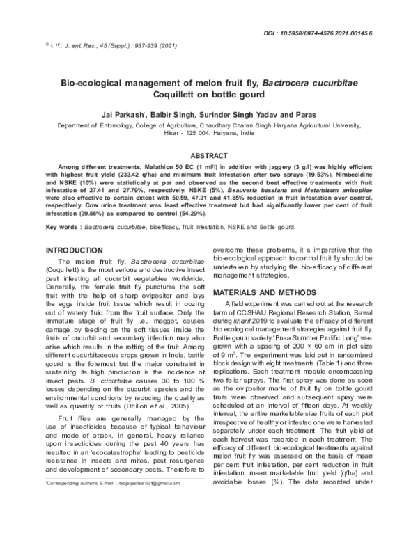 (PDF) Bio-ecological management of melon fruit fly, Bactrocera cucurbitae Coquillett on bottle gourd