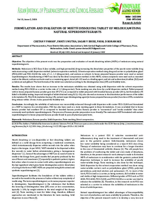 Pdf Formulation And Evaluation Of Mouth Dissolving Tablet Of Meloxicam Using Natural