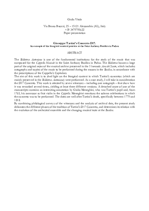 (PDF) Giuseppe Tartini's Concerto D17. An example of the liturgical ...