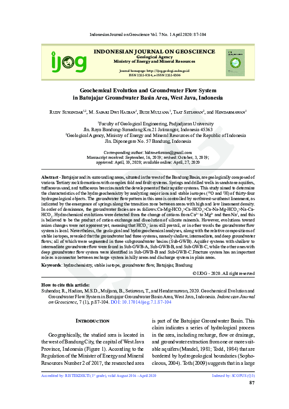 Pdf Geochemical Evolution And Groundwater Flow System In Batujajar