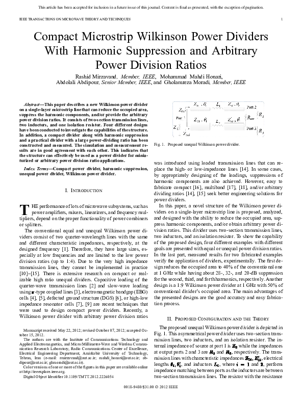 (PDF) Compact Microstrip Wilkinson Power Dividers With Harmonic Suppression and Arbitrary Power ...