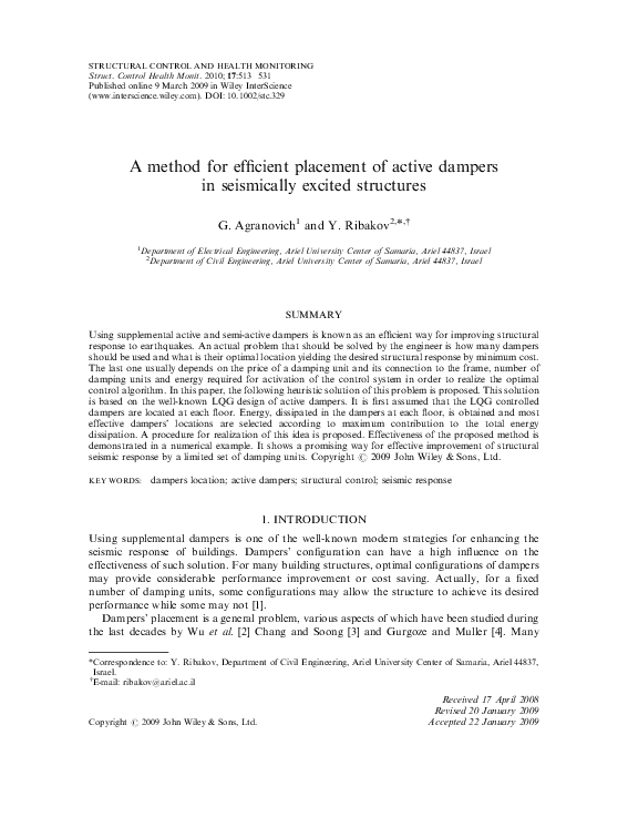 Pdf A Method For Efficient Placement Of Active Dampers In Seismically Excited Structures