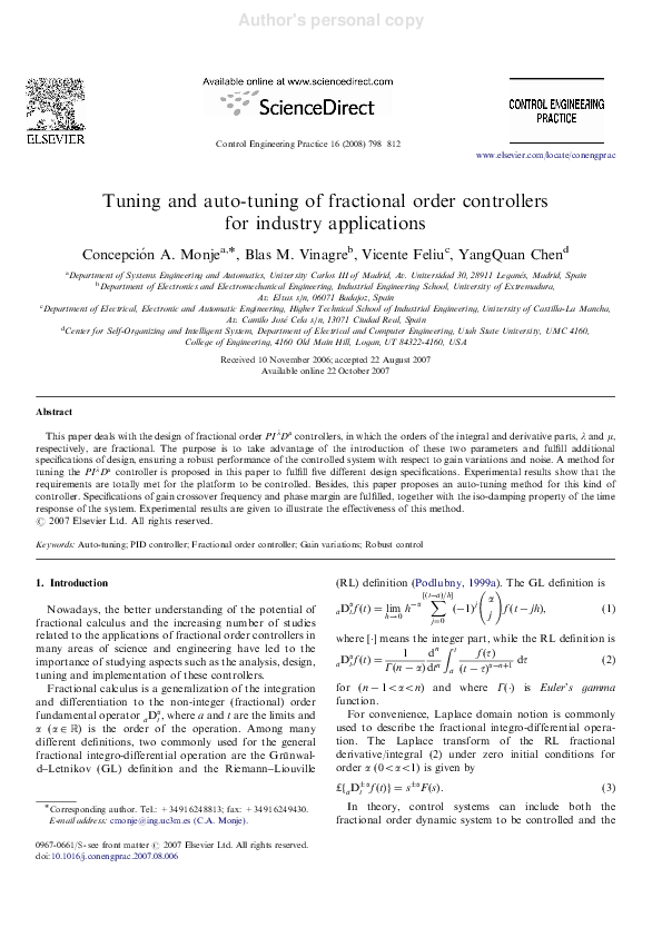Pdf Tuning And Auto Tuning Of Fractional Order Controllers For Industry Applications