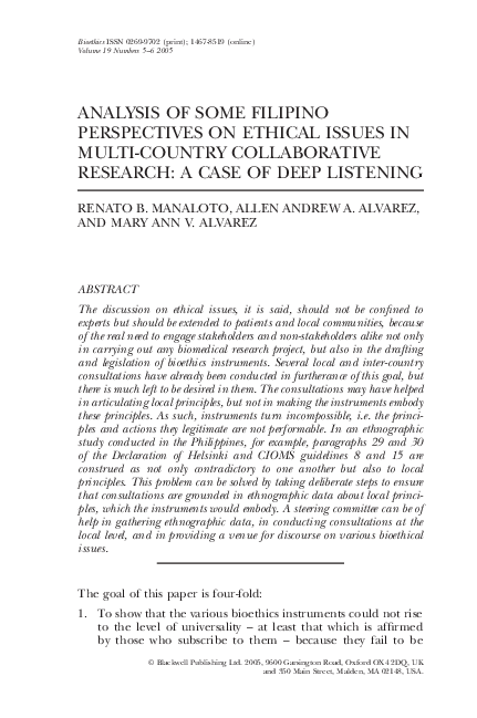 (PDF) Analysis of Some Filipino Perspectives on Ethical Issues in Multi-Country Collaborative ...