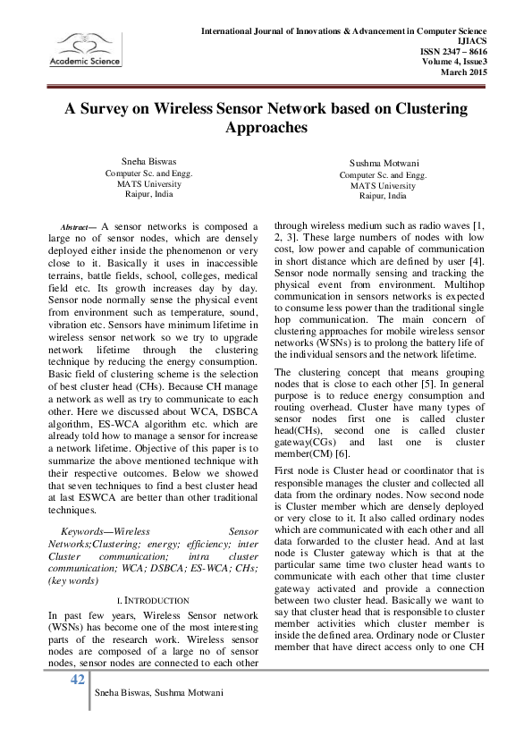Pdf A Survey On Wireless Sensor Network Based On Clustering Approaches Sneha Biswas