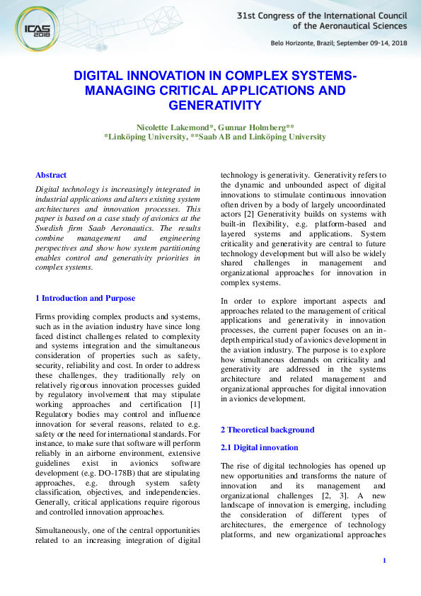 (PDF) Digital Innovation in Complex Systems : Managing Critical Applications and Generativity
