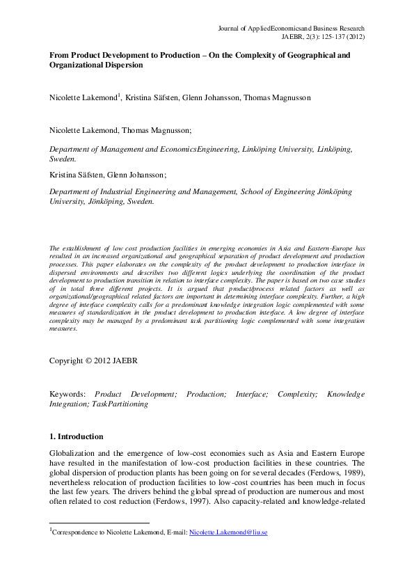 (PDF) Complexity in Product Development and Production Interfaces
