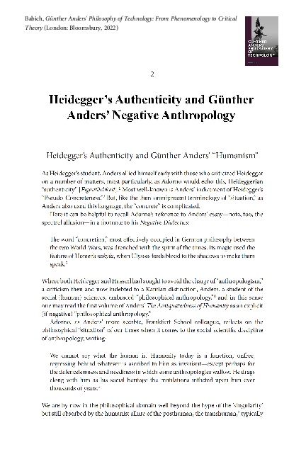 (PDF) Heidegger's Authenticity and Gunther Anders' Negative Anthropology