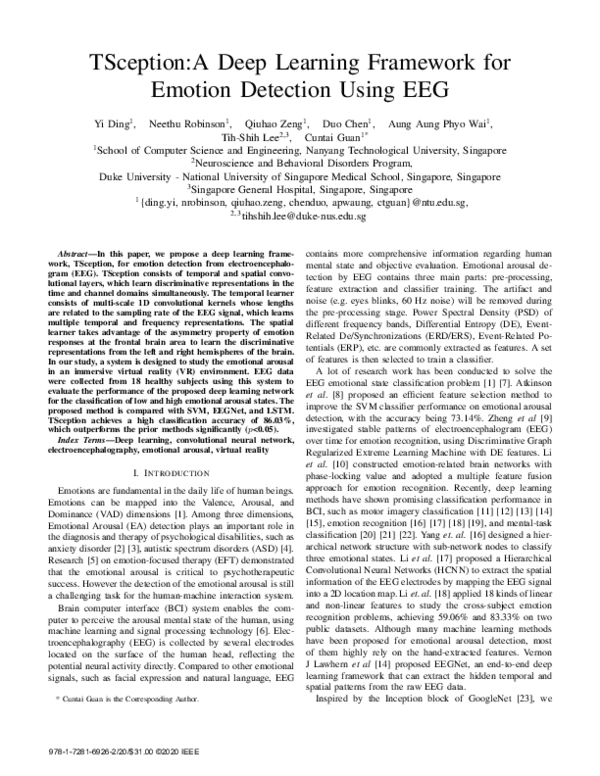 (PDF) TSception:A Deep Learning Framework for Emotion Detection Using EEG