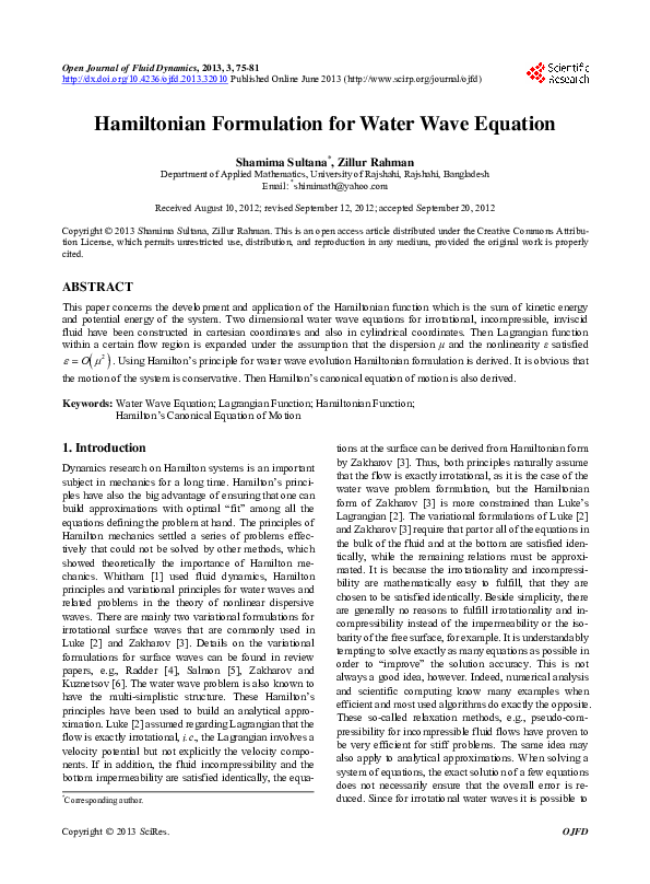 (PDF) Hamiltonian Formulation for Water Wave Equation