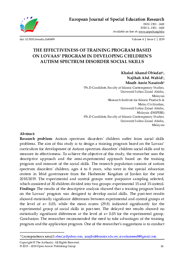 (PDF) The Effectiveness of Training Program Based on Lovaas’ Program in ...