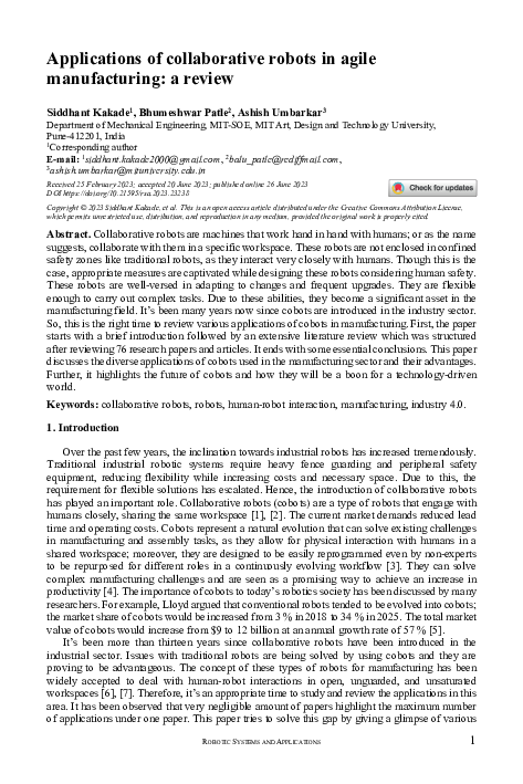 (PDF) Applications of collaborative robots in agile manufacturing: a review
