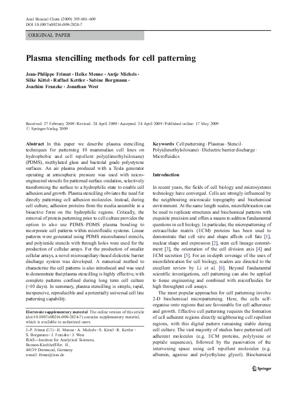 (PDF) Plasma stencilling methods for cell patterning