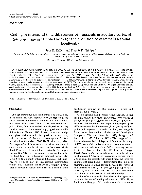 Pdf Coding Of Interaural Time Differences Of Transients In Auditory Cortex Of Rattus