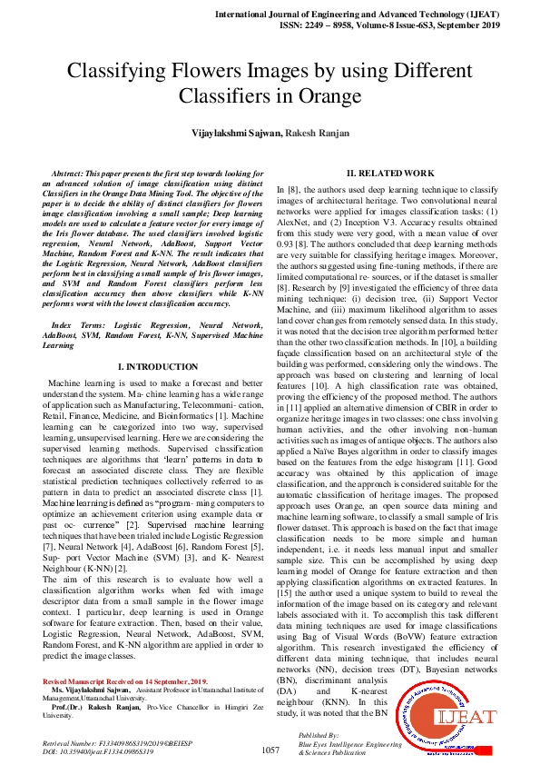 (PDF) Classifying Flowers Images by using Different Classifiers in Orange