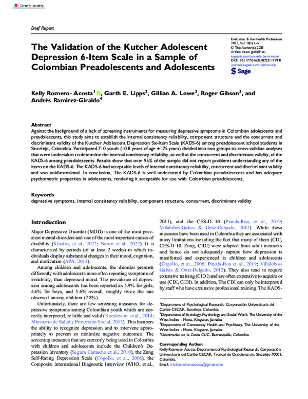 (PDF) The Validation of the Kutcher Adolescent Depression 6-Item Scale ...