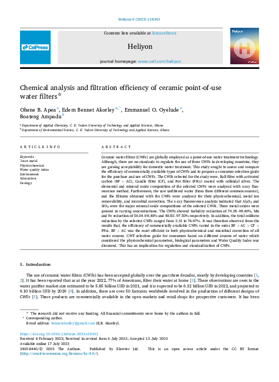(PDF) Chemical analysis and filtration efficiency of ceramic point-of ...