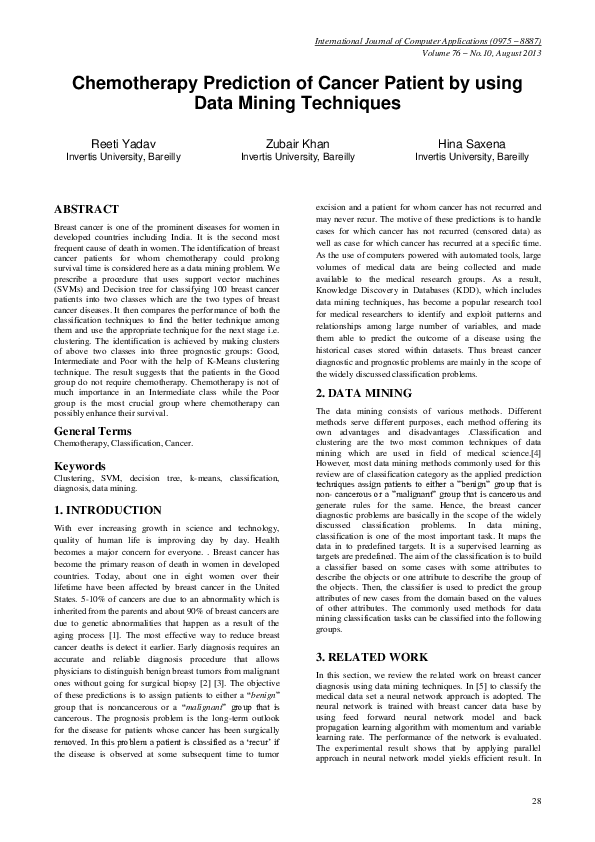 Pdf Chemotherapy Prediction Of Cancer Patient By Using Data Mining Techniques