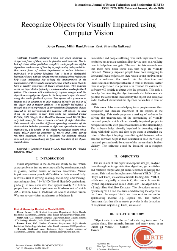 (PDF) Recognize Objects for Visually Impaired using Computer Vision