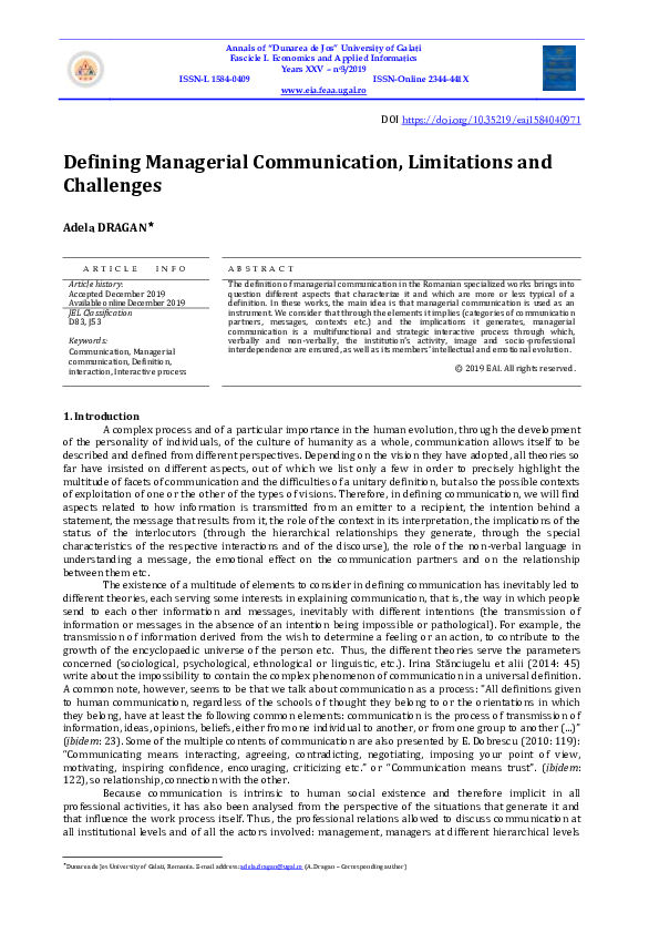(PDF) Defining Managerial Communication, Limitations and Challenges