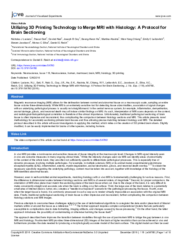 (PDF) Utilizing 3D Printing Technology to Merge MRI with Histology: A Protocol for Brain Sectioning