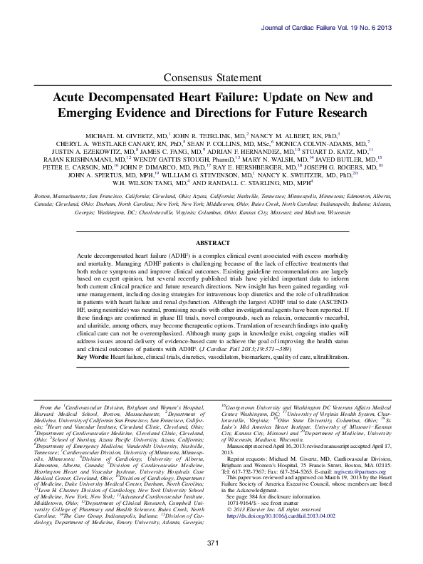 (PDF) Acute Decompensated Heart Failure: Update on New and Emerging Evidence and Directions for ...