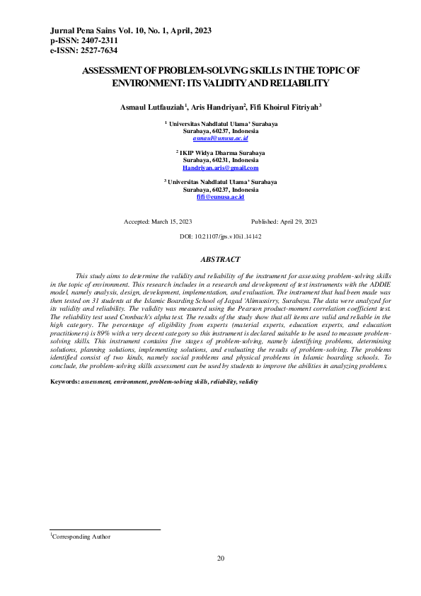 (PDF) Assessment of Problem-Solving Skills in the Topic of Environment: Its Validity and Reliability
