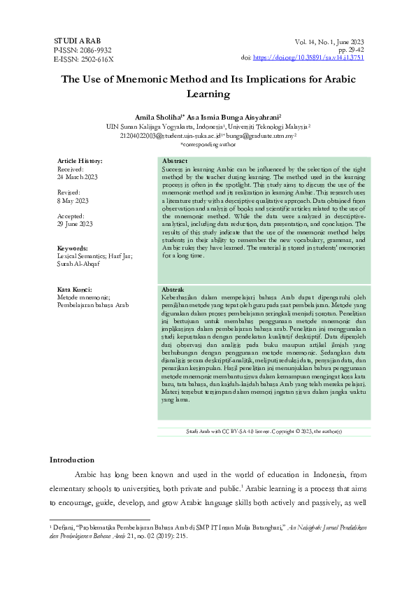 (PDF) The Use of Mnemonic Method and Its Implications for Arabic Learning