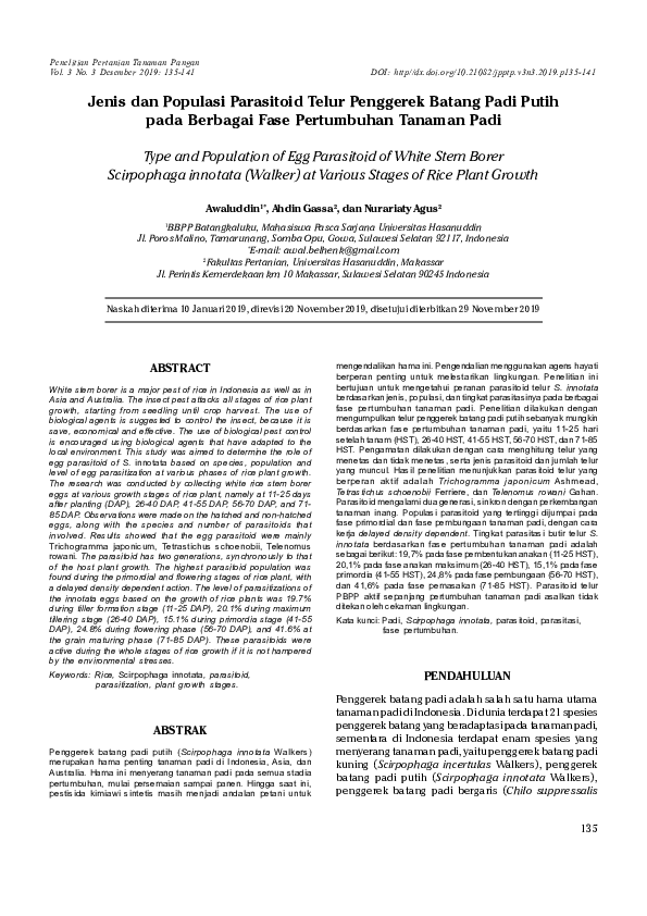 (PDF) Peranan Parasitoid Telur Penggerek Batang Padi Putih Scirpophaga innotata (Walker) Pada ...
