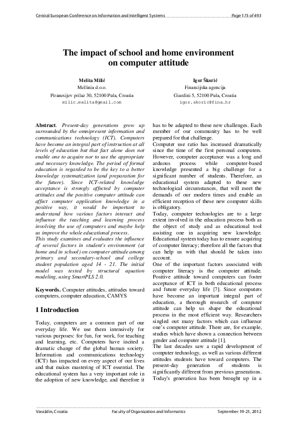 (PDF) The impact of school and home enviroment on computer attitude